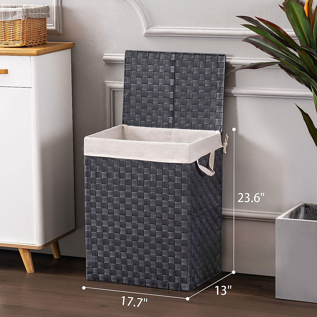 YOUDENOVA Handwoven Laundry Basket Hamper with Removable Liner Bag and Lid, Collapsible Clothes Hamper with Handle, Grey