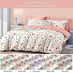 SAPHREAS Sweet Strawberry Pink White Duvet Cover Set Queen Size Cotton 3 Piece Girls Bedding Comforter 1 Duvet Cover 2 Pillow Shams