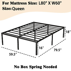 Jebosam 18 inch High Bed Frame Queen Size Heavy Duty Steel Support 2500 lbs Metal Queen Bed Frame No Box Spring Needed Non-Slip Noise Free Black Queen Platform Frame