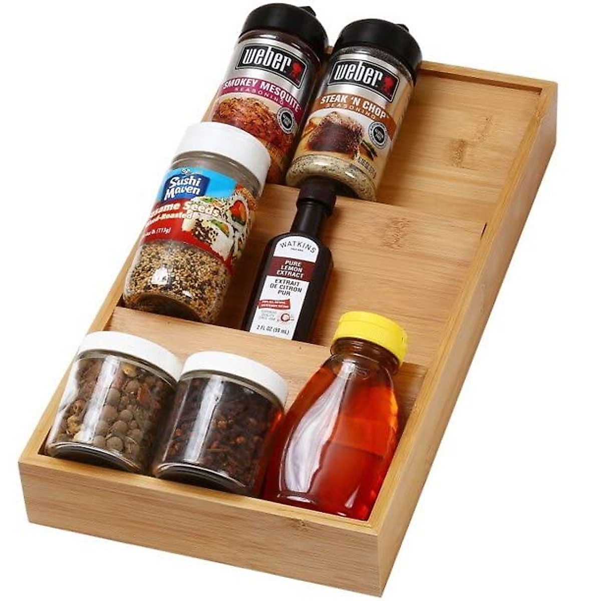 YBM Home In-Drawer 3-Tier Bamboo Spice Rack Drawer Organizer Tray for Cabinet and Kitchen Drawers, 3 Slanted Tiers for Garlic, Salt, Pepper, Seasonings, Spice Jars, and More, 316