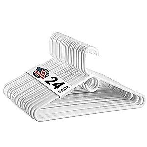 USA Made Heavy Duty White Plastic Hangers Pack of 24 Clothes Hangers with Hook for Scarves, Belts, Straps - Clothing, Suit, and Coat Hangers for Everyday Use