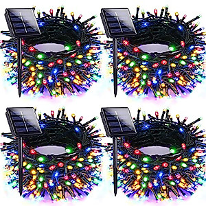 EXF 4pk Multi-Colored Solar Christmas Lights Outdoor Waterproof, 100LED 33FT Solar Powered LED String Lights Green Wire with 8 Modes, Solar Fairy Lights for Xmas Tree Party Wedding Garden Decorations
