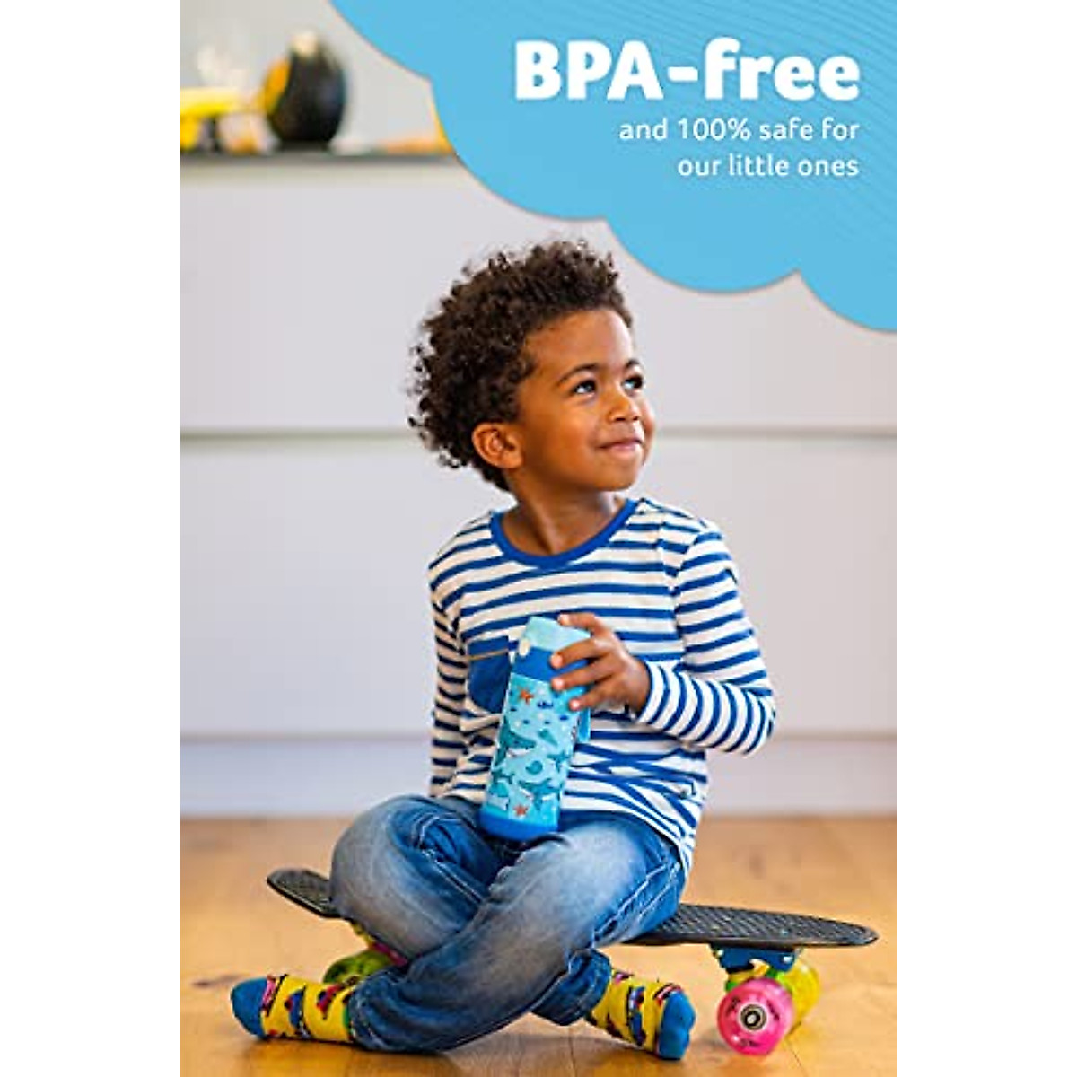 JARLSON kids water bottle with straw - CHARLI - insulated stainless steel water bottle - thermos - girls/boys (Shark 'Star', 12 oz)