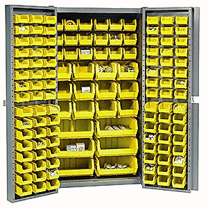 Global Industrial Bin Cabinet with 132 Yellow Bins, 38x24x72, Assembled