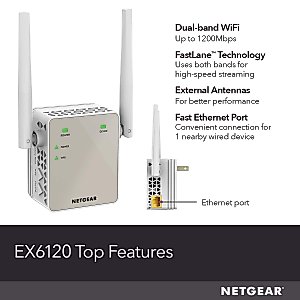 NETGEAR Wi-Fi Range Extender EX6120 - Coverage Up to 1500 Sq Ft and 25 Devices with AC1200 Dual Band Wireless Signal Booster & Repeater (Up to 1200Mbps Speed), and Compact Wall Plug Design, White