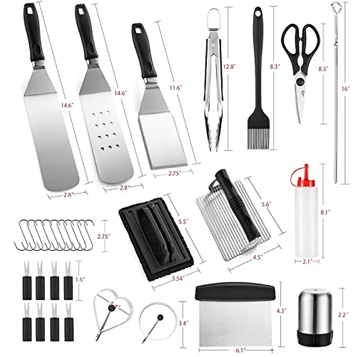 Griddle Accessories Tool-40pcs Flat Top Griddle Set,Stainless Steel Griddle Utensils with Spatulas,Tongs,Fork,Glove,Burger Press,Cleaning Brush.