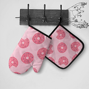 Pink Doughnuts Oven Mitts and Pot Holders Sets Heat Resistant Oven Gloves with Non-Slip Surface for Reusable for Baking BBQ Cooking