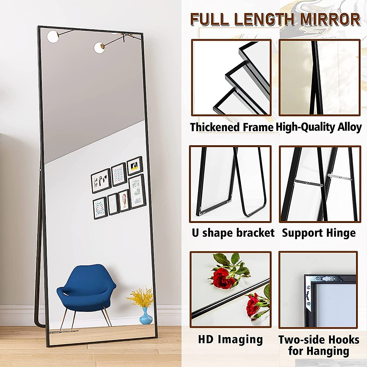 Yone jx je 65" x 24" Full Length Mirror Hanging Standing or Leaning, Bedroom Mirror Floor Mirror Wall-Mounted Mirror with Alloy Frame, Black