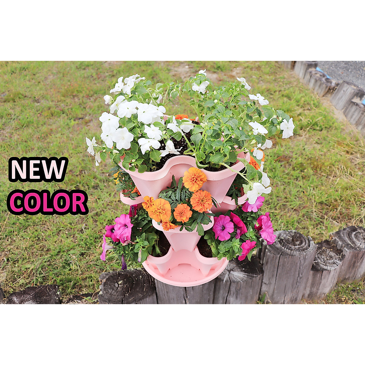 5-Tier Pink Strawberry and Herb Garden Planter - Stackable Gardening Pots with 10 Inch Saucer