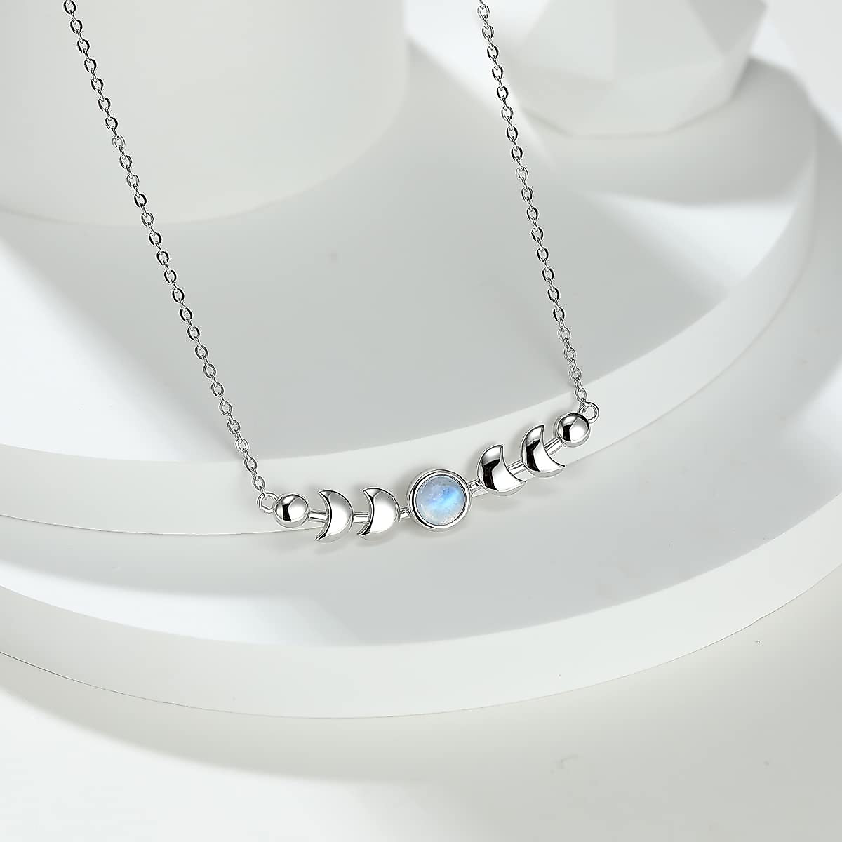Angol Genuine Moonstone Necklace Sterling Silver Moon Phase Necklace Triple Goddess Moonstone Pendant Minimalist Necklace for Women（Silver）