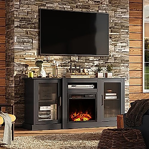 WLIVE Fireplace TV Stand for 65" TV, Entertainment Center with 18 Inch Electric Fireplace, TV Console with Open Shelves for Living Room and Bedroom, Black