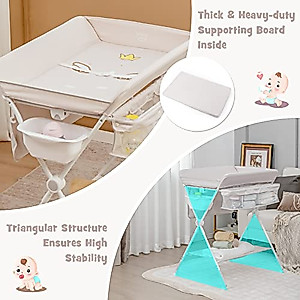 BABY JOY Baby Changing Table, Portable Folding Diaper Changing Station with Wheels, Adjustable Height, Large Storage Rack, Water Basin, Safety Belt, Mobile Nursery Organizer for Newborn Infant, Beige