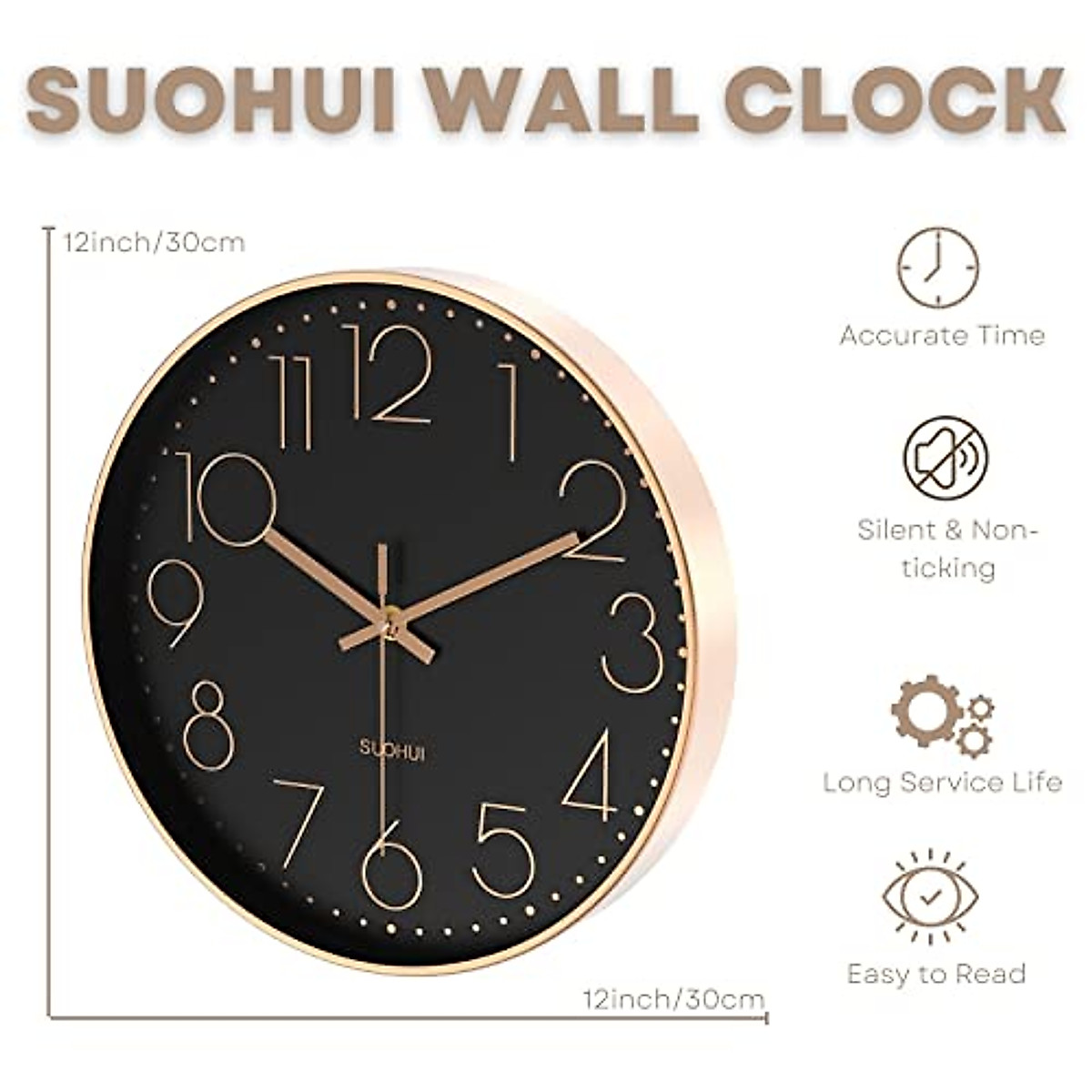 SUOHUI 12 Inch Silent Wall Clock Non-Ticking Modern Style Wall Clocks Battery Operated for Home/Bedroom/Office/Classroom/School/Living Room Decor(Golden Frame Black Dial)