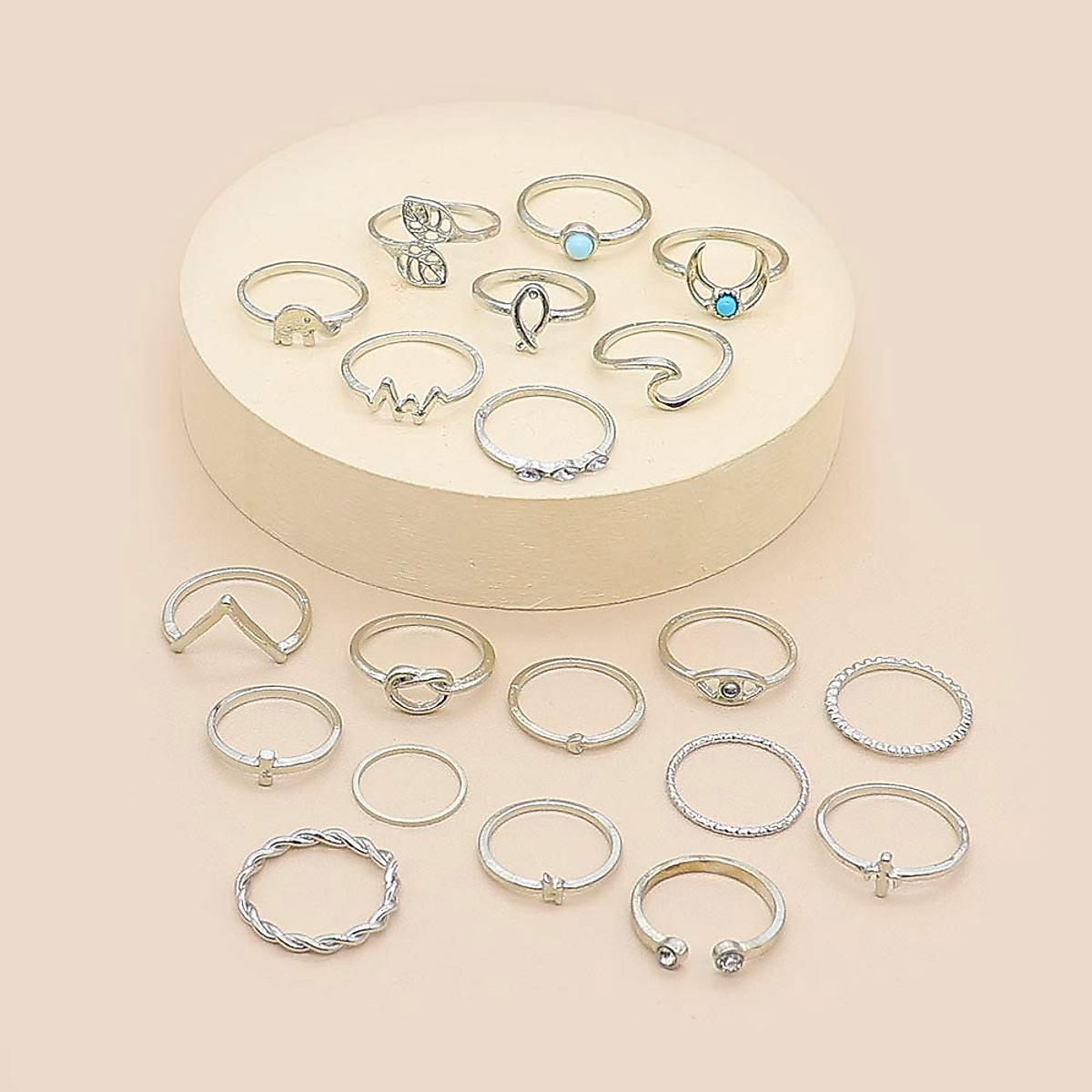 FUTIMELY 19PCS Boho Turquoise Knuckle Stacking Rings for Women Vintage Stackable Star Moon Wave Peak Sea Rhinestone Joint Midi Finger Rings Set (F:20Pcs)