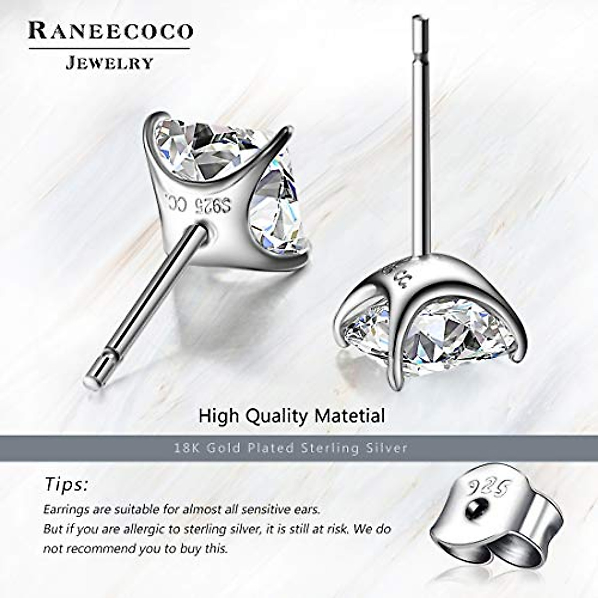 "STUNNING FLAME “18K White Gold Plated Sterling Silver Princess Cut Cubic Zirconia Stud Earrings for men women(w-7)