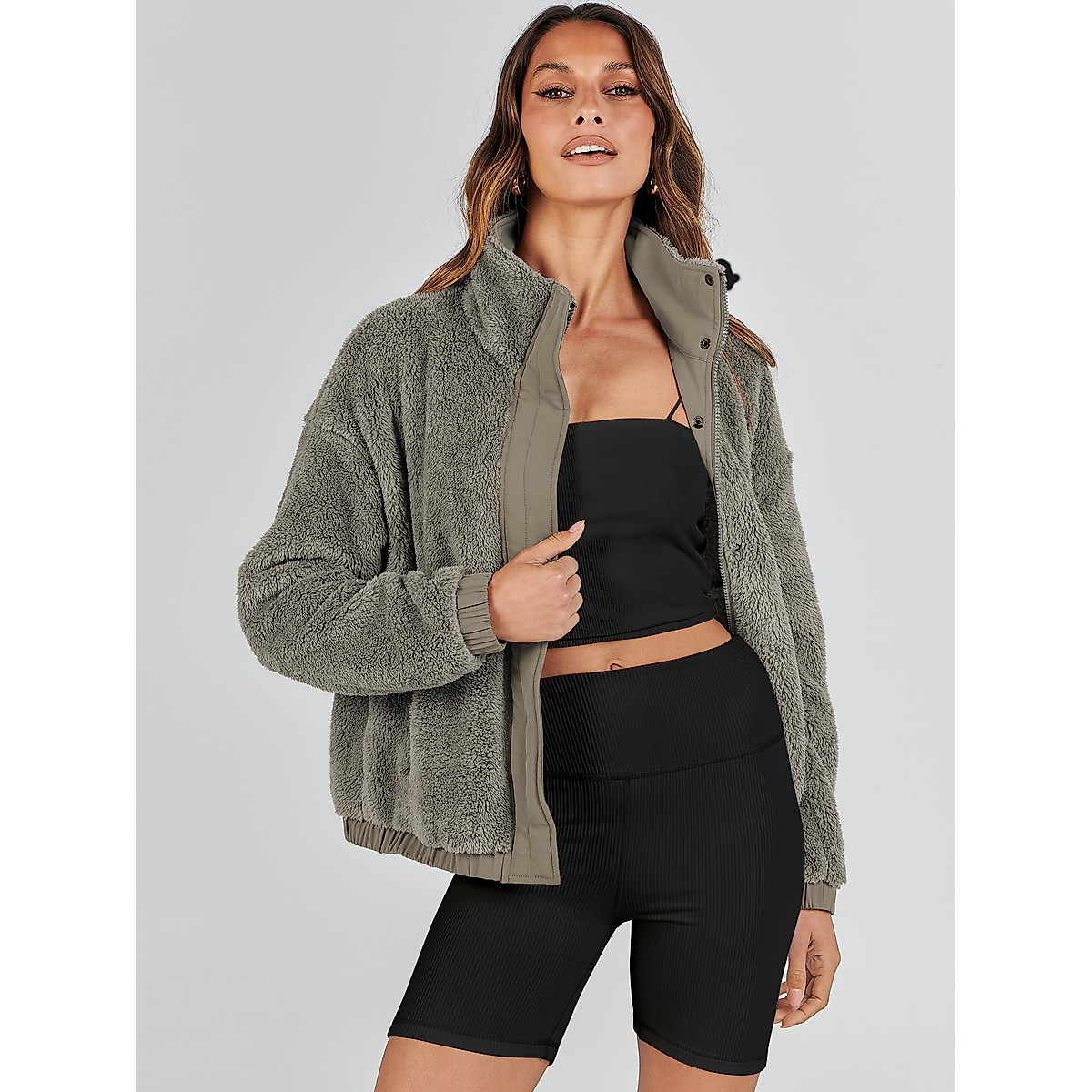 ANRABESS Womens Fleece Jacket Casual Long Sleeve Cropped Sherpa Button Down Fuzzy Warm Coats Fall Outwear With Pockets Grey Medium