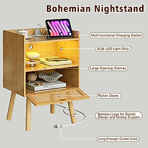 Nightstands Set of 2, Modern Nightstand with Charging Station and LED Lights, End Table with USB Ports and Outlets, 2-Tier Bed Side Table, Bedside Tables for Bedroom, Living Room, Natural