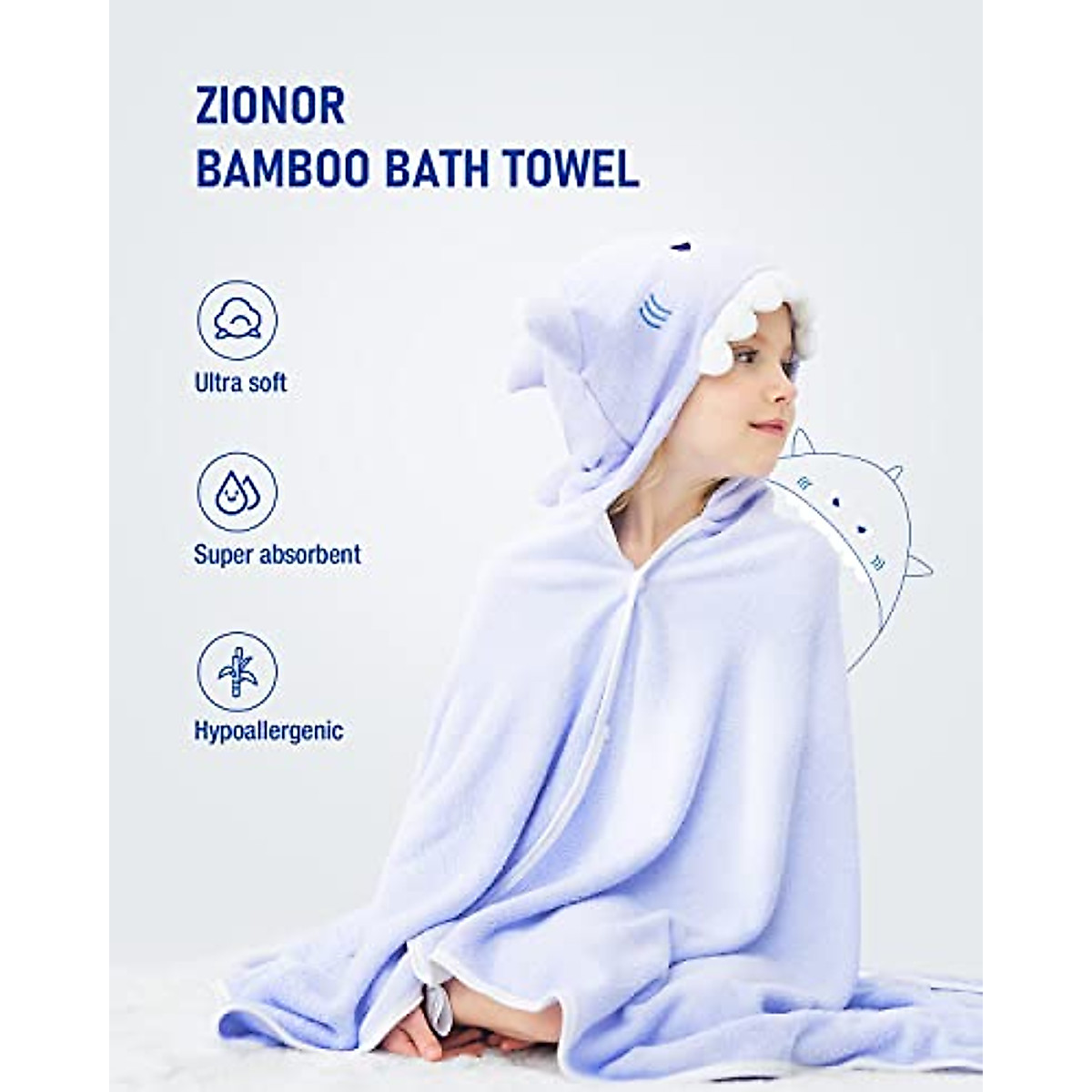 ZIONOR Bamboo Hooded Towel for Kids - 35'' x 50'' Extra Large Bath Towels for Kids 3-10 Yrs, Premium Soft Towels for Boys Girls, Ultra Absorbent and Hypoallergenic (Purple, Shark)