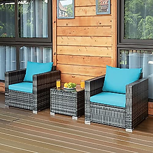 SMLJLQ 3 PC Patio Rattan Furniture Bistro Set Cushioned Sofa Chair Turquoise Single Sofa Coffee Table