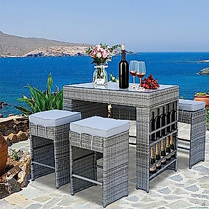 5 Pieces Outdoor Bar Set, Outside Patio Wicker Furniture Set with 4 Cushions Stools and 4 Tier Storage Shelf, Rattan Bar Height Table and Chairs for Garden, Porches, Backyard, Indoor, Pool Deck (Gray)