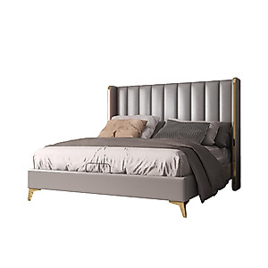 King Size Bed Frame, Upholstered Platform Bed with Tall Channel Tufted Headboard, Classic Modern Grey Mattress Foundation with Thickening Pine Wooden Slats and Metal Leg, No Box Spring Needed