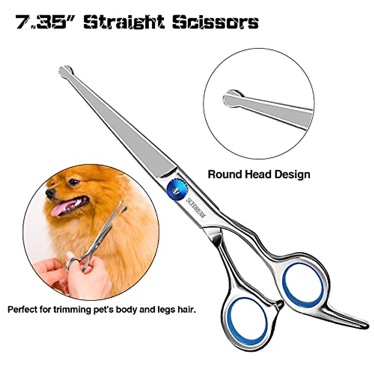 SCEDREAM Dog Grooming Scissors for Dogs with Safety Round Tips, 5 in 1 Dog Scissors for Grooming, Curved Dog Grooming Scissors,Professional Pet Grooming Shears Set for Dogs and Cats