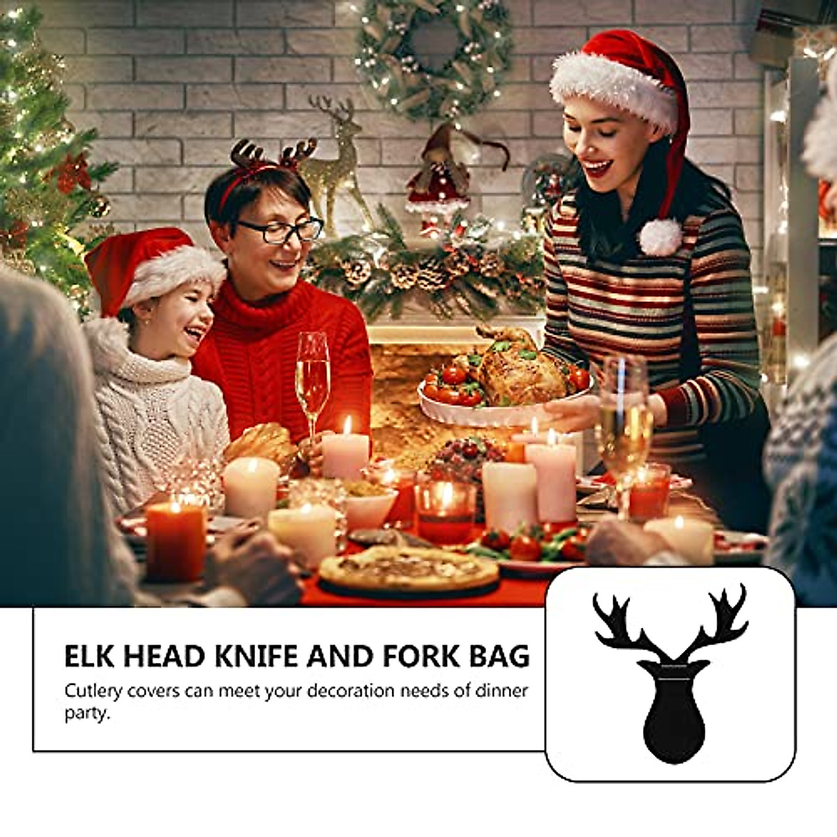 8PCS Xmas Elk Head Cutter Fork Bag Christmas Tableware Cover Decoration Decor for Celebration Party