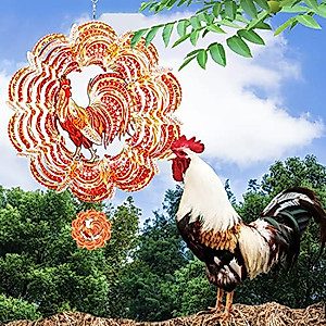 Rooster Wind Spinner Hanging, 3D Wind Spinners Outdoor Garden Decor, 12in Cock Spinning Yard Art Metal Large Ornaments, Stainless Steel Wind Catcher Chicken for Backyard, Red Gold Wind Sculptures Gift