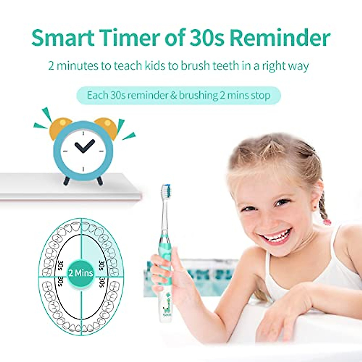 SEAGO Electric Toothbrush Children from 3-12 Years Kids Toothbrushes Electric with Colored Light Smart Timer 3 Soft Brush Heads Waterproof Baby Sonic Toothbrush for Girls Boys SG-977 (Green)