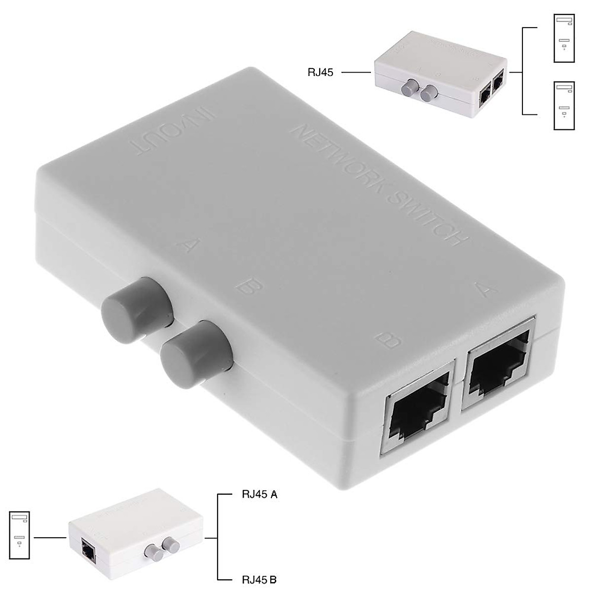 FocusFoto Mini 2 Ports 1x2 or 2x1 RJ45 Network Ethernet Manual AB Sharing Selector Switch Box Splitter Sharing Box White