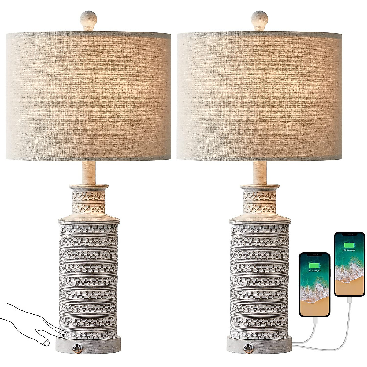 BOBOMOMO 3-Way Dimmable Touch Control Table Lamp Set of 2 with Dual USB Charging Ports for Bedroom Living Room Vintage Rustic Farmhouse Traditional Nightstand Bedside Lamps(Bulbs Included)