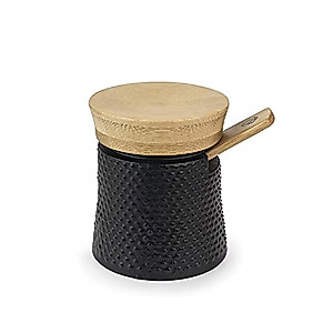 Peugeot Bali Black Cast-Iron Pepper Mill & Salt Cellar With Wooden Tray Gift Boxed- With Wooden Spice Scoop