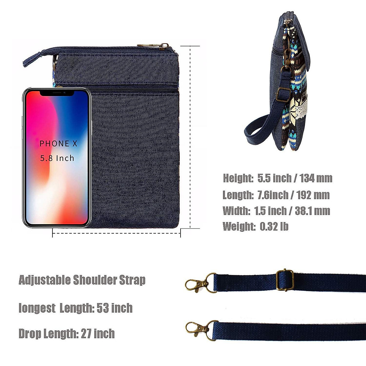 LassZone Small Crossbody Bag for Women Canvas Mobile Phone Purse Mini Shoulder Bags National Pattern Handbags Coin Pouch Wallet