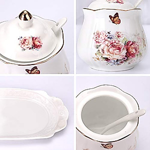 fanquare Sugar Bowl,Flower Cermica Sugar Bowl with Lid,Spoon and Tray,Coffee Sugar Tea Canister Set,Seasoning Box Salt Bowl,Set of 3