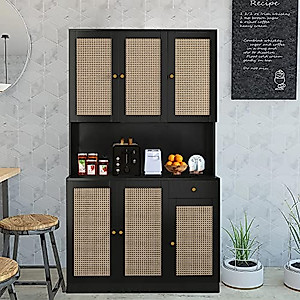 Wirrtory 71” Rattan Freestanding Kitchen Pantry Storage Cabinet, Buffet Cupboards Sideboard Modern Hutch Cabinet with 6 Doors & Drawer for Kitchen Living Room (Black)