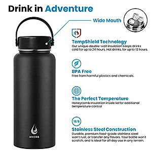 HYDR8 Vacuum Insulated 32oz Stainless Steel Water Bottle with 3 Lids & Cleaning Brush, Space Black
