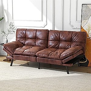 LIFERECORD Futon Sofa Bed Modern Faux Leather Convertible Sofa Memory Foam Daybed with Adjustable Armrests for Living Room Apartment Dorm, Brown