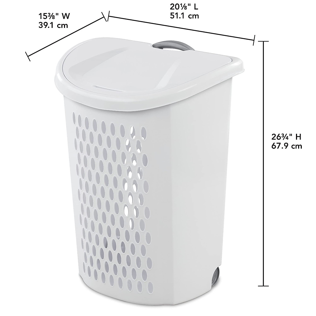 Ultra Wheeled Design Clothes Hamper Laundry Basket, Mind Reader Basket Collection，135 Liter （20 1/8" x 15 3/8" x 26 3/4"）Capacity, White Lid & Base w/Plastic Handle & Wheels.