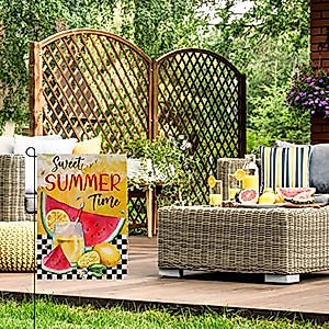 Covido Home Decorative Sweet Summer Time Garden Flag, Buffalo Plaid Check Lemon House Yard Watermelon Bee Lemonade Outside Decoration, Seasonal Farmhouse Outdoor Small Burlap Decor Double Sided 12x18