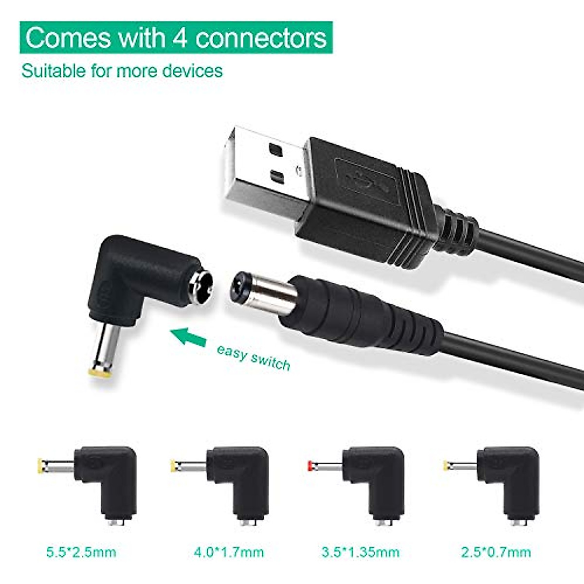 XINYUWIN USB Type-A Male to 5.5mm x 2.1mm Barrel 5V DC Power Cable with 4 Connectors Compatible with Laptop, Notebook, HUB Splitter, Router, LED Lights, USB Speaker