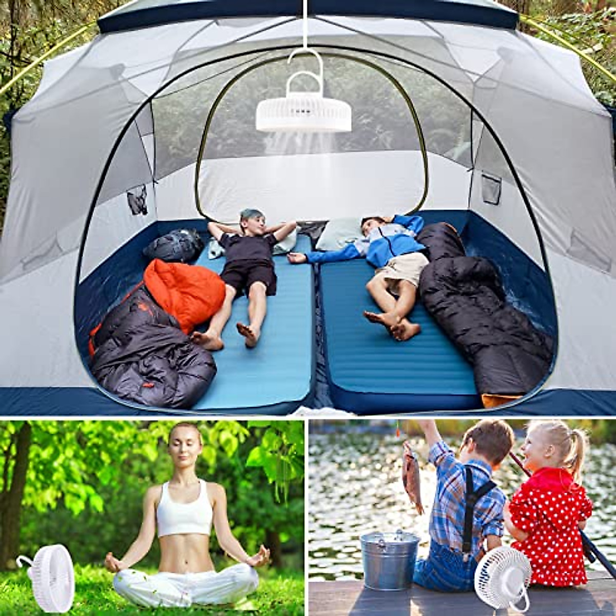 Tremdwoto Portable Camping Fan with Rechargeable 4000mAh Battery Operated, 180°Rotation, LED Light and Hook for Outdoor Tent Picnic Barbecue Fishing Travel - Perfect for Your Next Adventure!