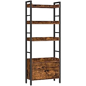 HOOBRO 4-Tier Bookshelf with Doors, Industrial Wooden Bookcase with Storage, Storage Shelf with Protective Rails, for Living Room, Home Office, Rustic Brown and Black BF46SJ01