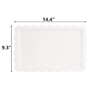 Peohud 12 Pack White Plastic Serving Tray with Lace Rim, Rectangle Food Trays, Disposable Serving Platters and Trays for Party, Wedding, Restaurant, 14.4" x 9.3"