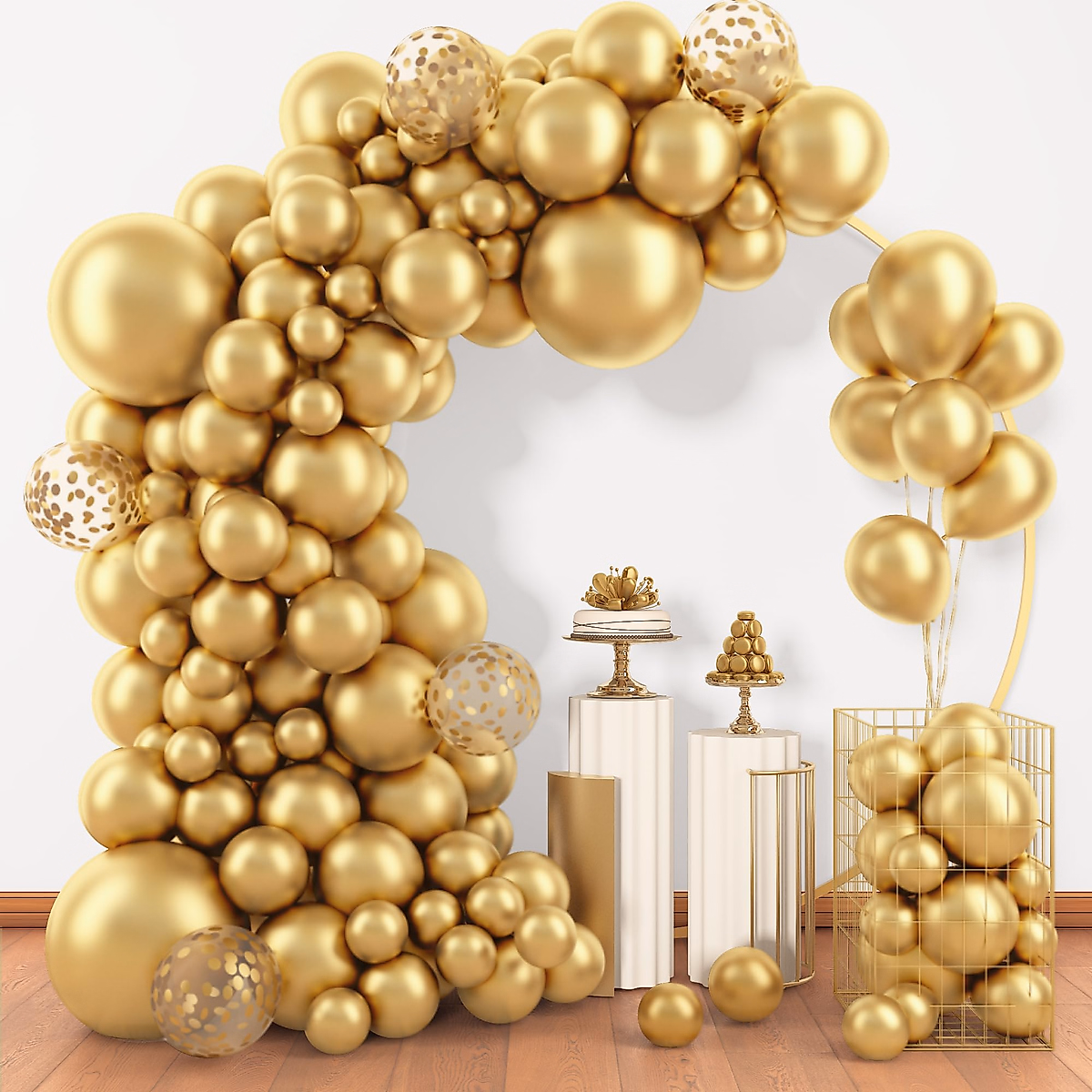 Amandir 153pcs Metallic Gold Balloon Garland Arch Kit, Different Sizes 18 12 10 5 inch Chrome Gold Latex Confetti Balloons for Wedding Birthday Graduation Holiday Party Supplies