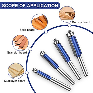 UTRUSTTO Professional Straight Flush Trim Router Bits 1/4 Inch Shank, Top Bearing Flush Trim Router Bit Set, Cutting Height Respectively 13/16", 1-1/16", 1-3/16", 1-7/32".