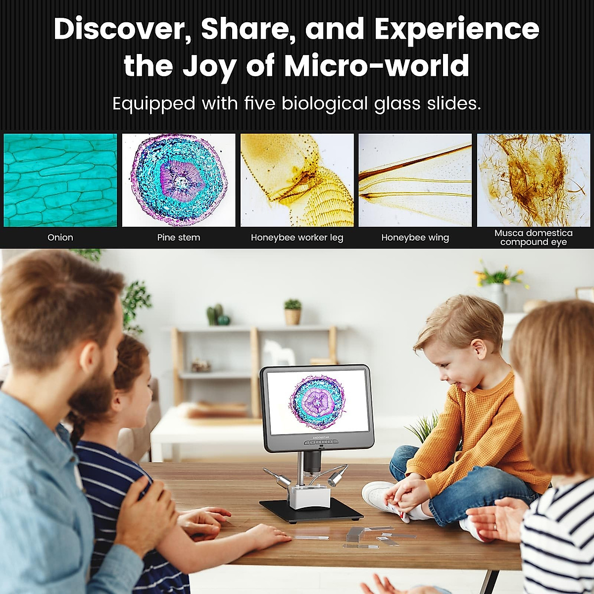 Andonstar AD210 10.1 Inch LCD Digital Microscope for Adults, Soldering Microscope for Electronics Repair, Coin Microscope Camera Full View for Error Coins with Light, Biological Slides Kit, 32G Card