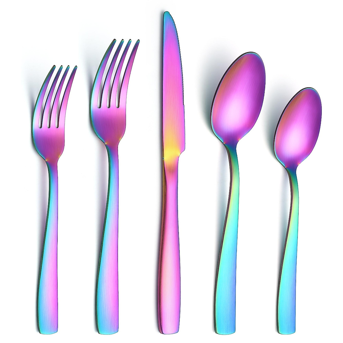 E-far 20-Piece Matte Rainbow Silverware Set, Stainless Steel Flatware Set for 4, Colorful Cutlery Set Include Forks Spoons and Knives for Kitchen Home Restaurant, Satin Finish & Square Edge Handle