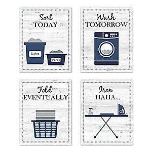 Navy Blue Gray and White Retro Vintage Laundry Room Rules Decorations Decor Wall Art for Laundromat Wash Sort Fold Iron Prints Posters Pictures Sign Rustic Modern Farmhouse Country Home Funny Sayings Quotes Unframed 8”x10”