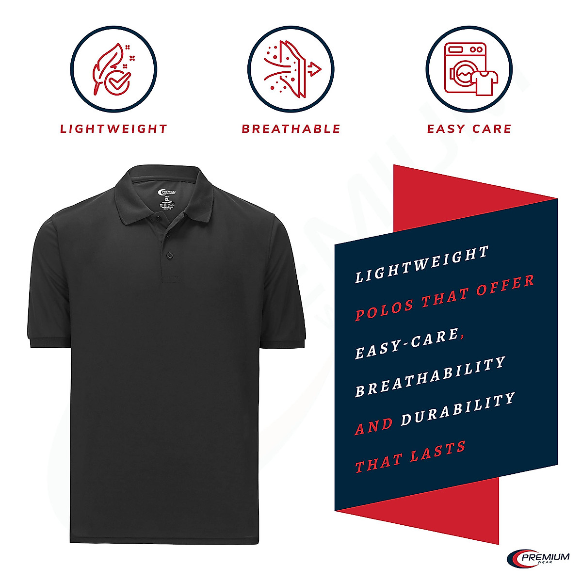 Premium Wear Men's High Moisture Wicking Polo T Shirts | Black - Large