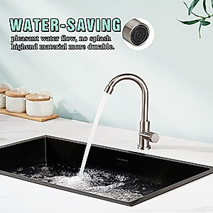 Cold Water Only Kitchen Faucet Brushed Nickel Single Handle 1 Hole 360 Degree Swivel Spout Deck Mount High Arc SUS304 Stainless Steel Sink Bar Tap Goose Neck with Hose(Drain Not Included)